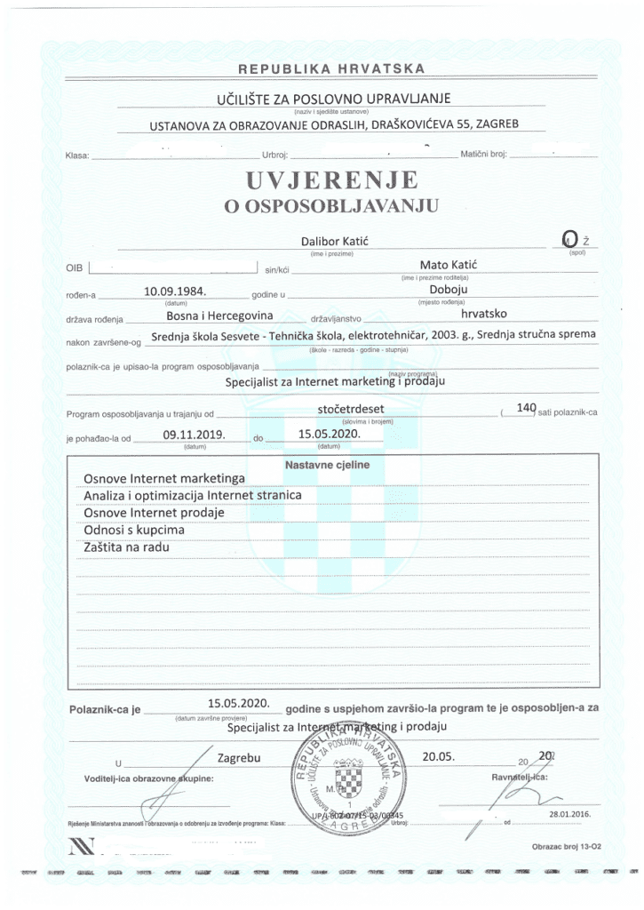 Popis certifikata - Dalibor Katić